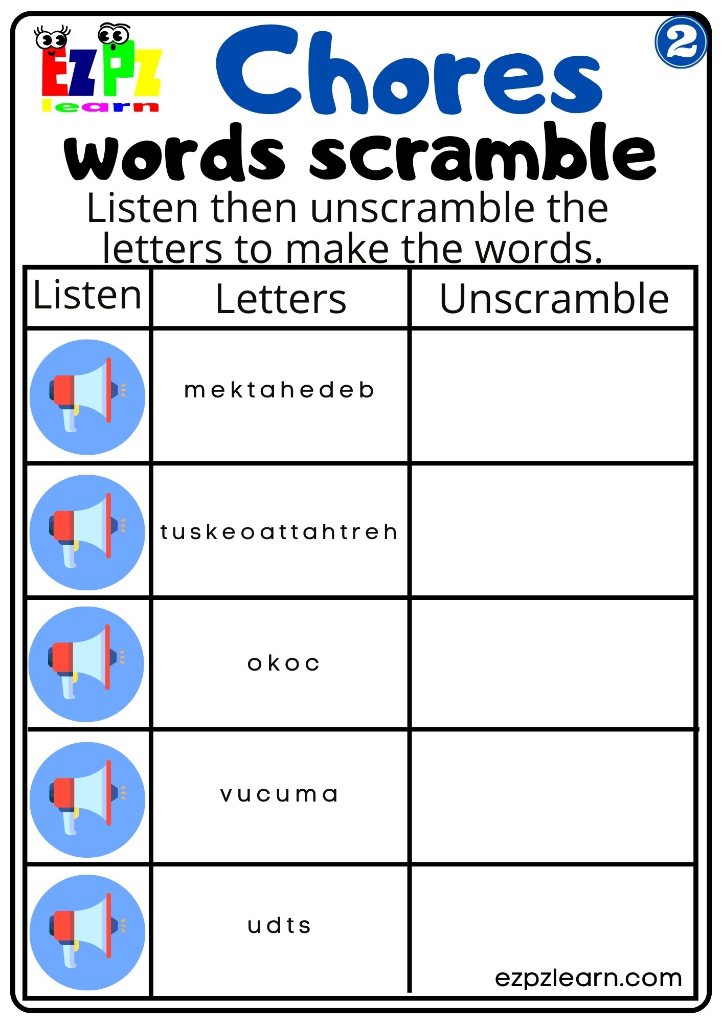 Chores Interactive Worksheet Listen, Unscramble and Write the Words Activity for Kids and ESL ...